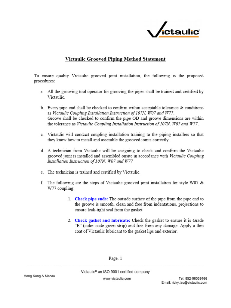 Victaulic Grooved Piping Method Statement | PDF | Pipe (Fluid ...