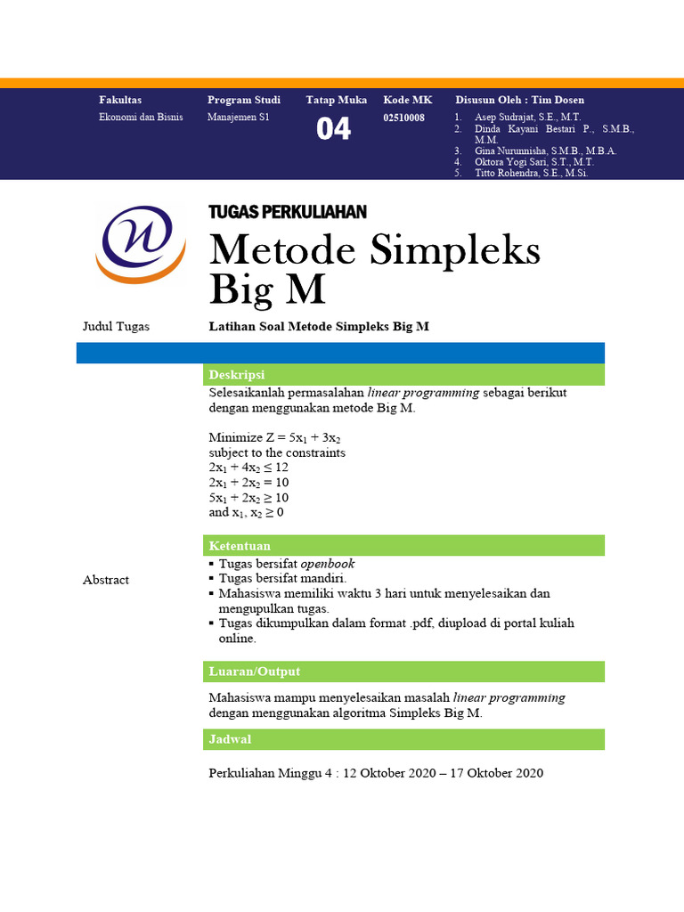 Latihan Soal Minggu 4 - Metode Simpleks Big M | PDF