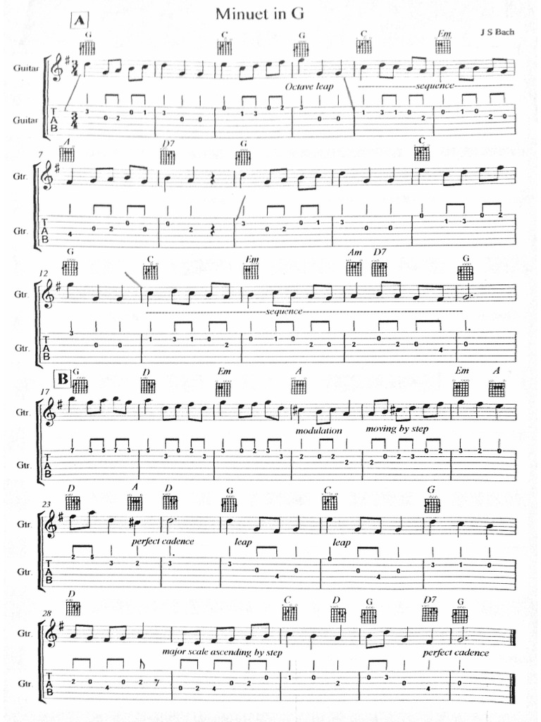 Minuet in G Bach For Classical Guitar | PDF