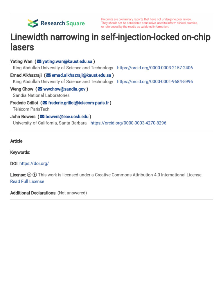 Linewidth Narrowing in Self-Injection-Locked On-Ch | PDF | Laser ...