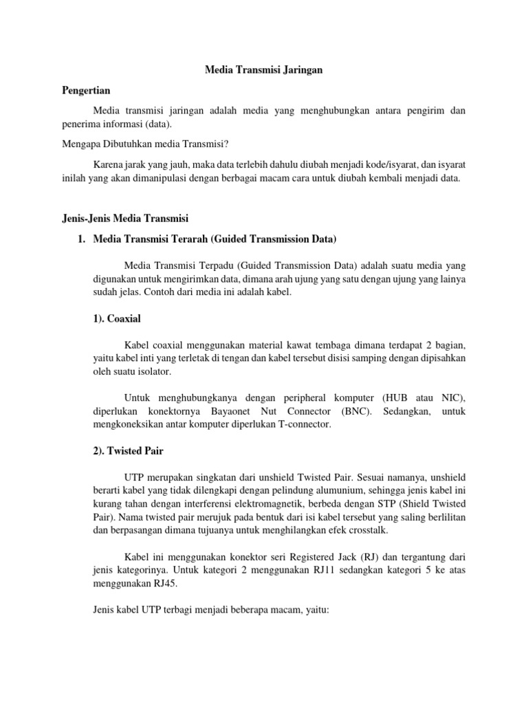 Jenis Media Transmisi Jaringan Data | PDF | Teknologi & Rekayasa