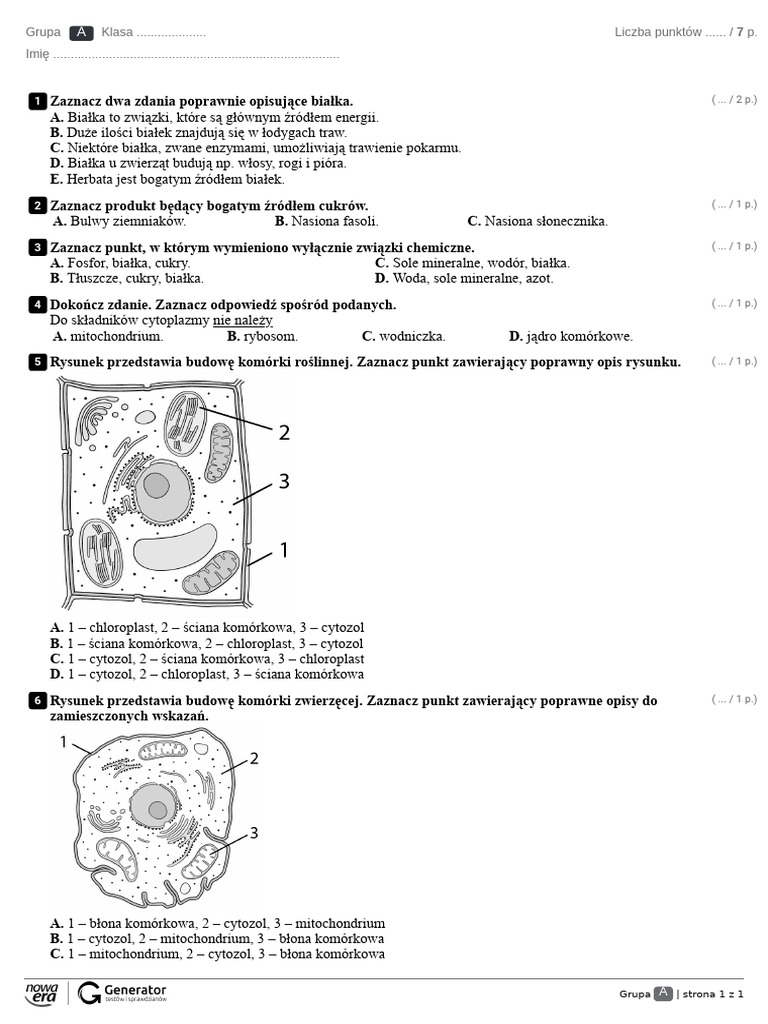 Kartkówka Biologia 2 | PDF