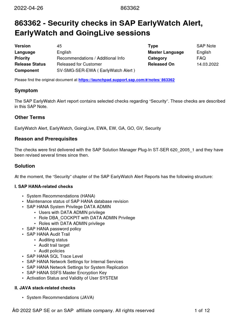E - 20220426 Security Checks in SAP EarlyWatch Alert, EarlyWatch and ...