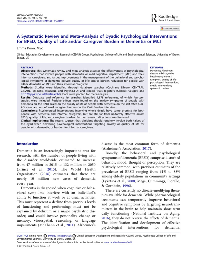 A Systematic Review and Meta-Analysis of Dyadic Psychological ...
