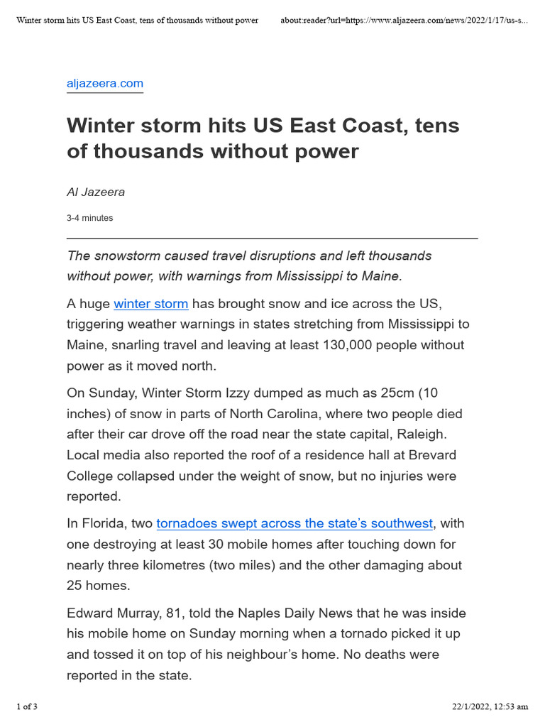 Winter Storm Hits US East Coast, Tens of Thousands Without Power | PDF | Winter Storm | Weather