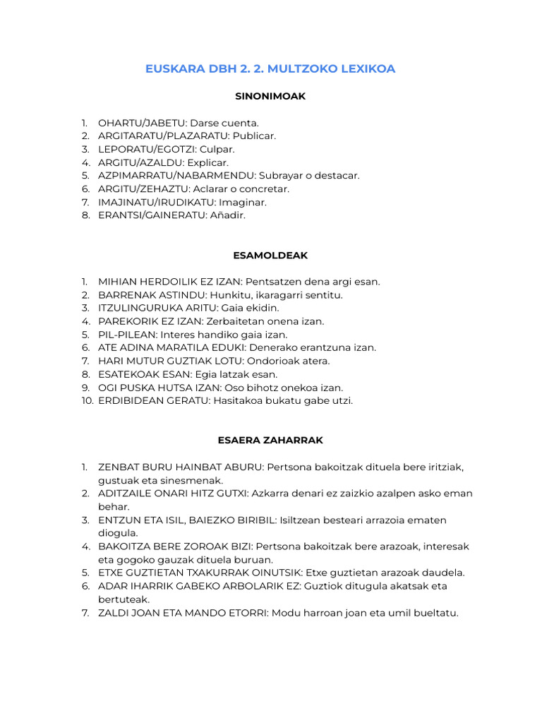 Euskara DBH 2. 2. Multzoko Lexikoa | PDF
