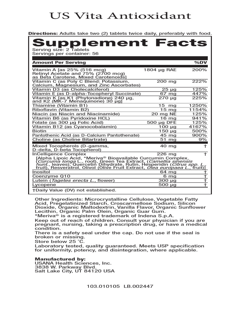 USANA CellSentials - Supplement Facts | PDF | Vitamin | Vitamin C