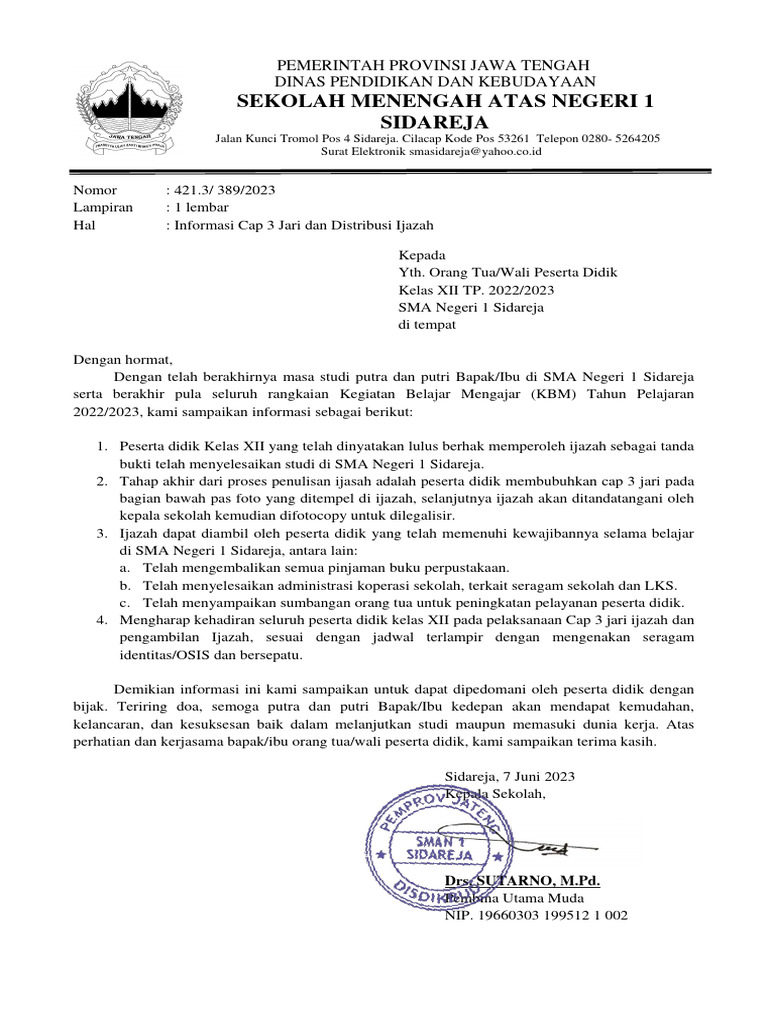 389 - 421.3 - Informasi Cap 3 Jari Dan Distribusi Ijasah 22-23 - 7 - 6 - 2023 | PDF