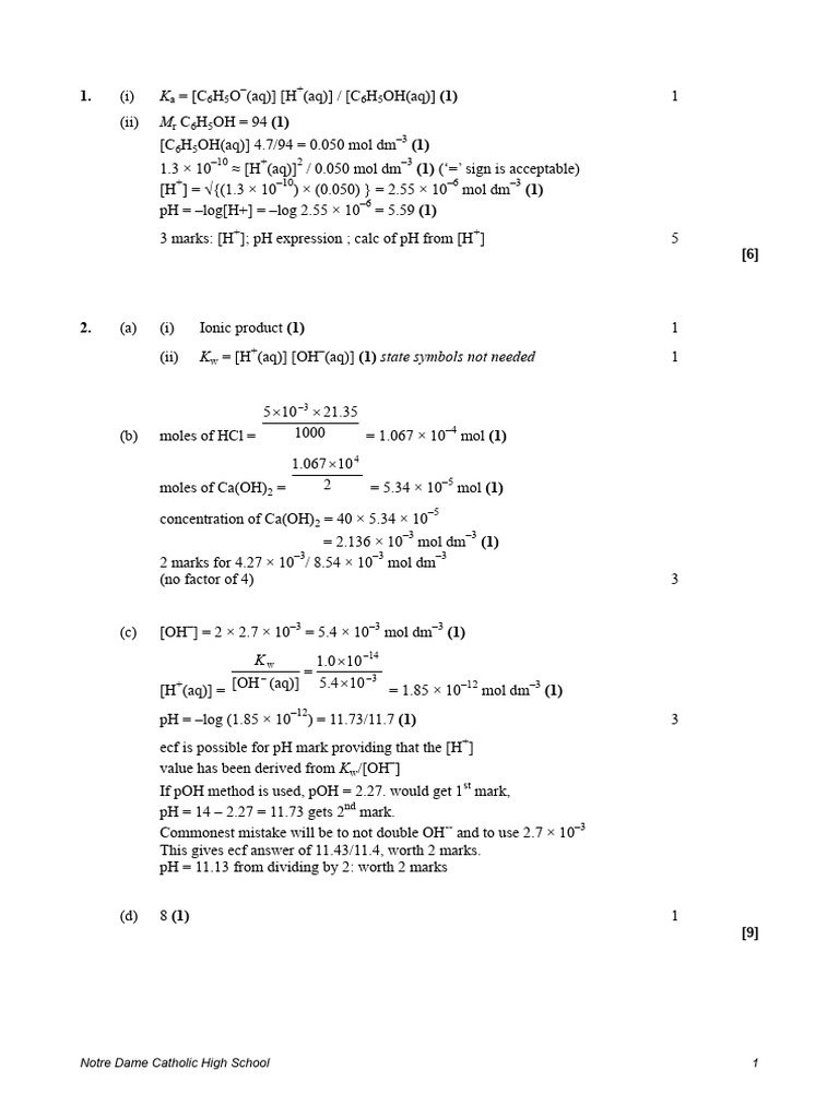 PH, Ka, Pka and KW Exam Questions Markscheme | Download Free PDF | Ph | Acid Dissociation Constant