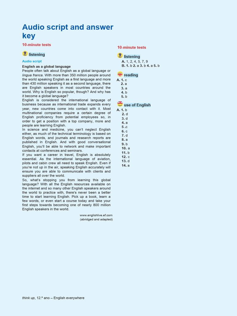Thup12 U1!2!10 Minute Test Audio Scripts Answer Key | Download Free PDF ...