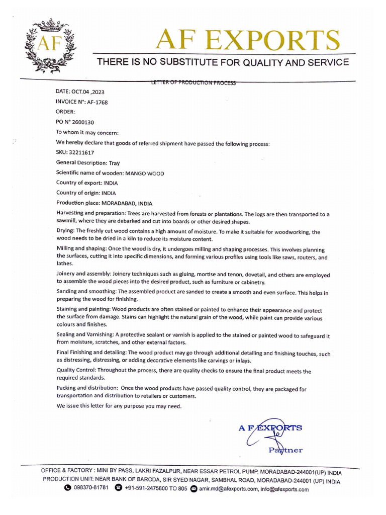 LETTER OF PRODUCTION WOOD | PDF