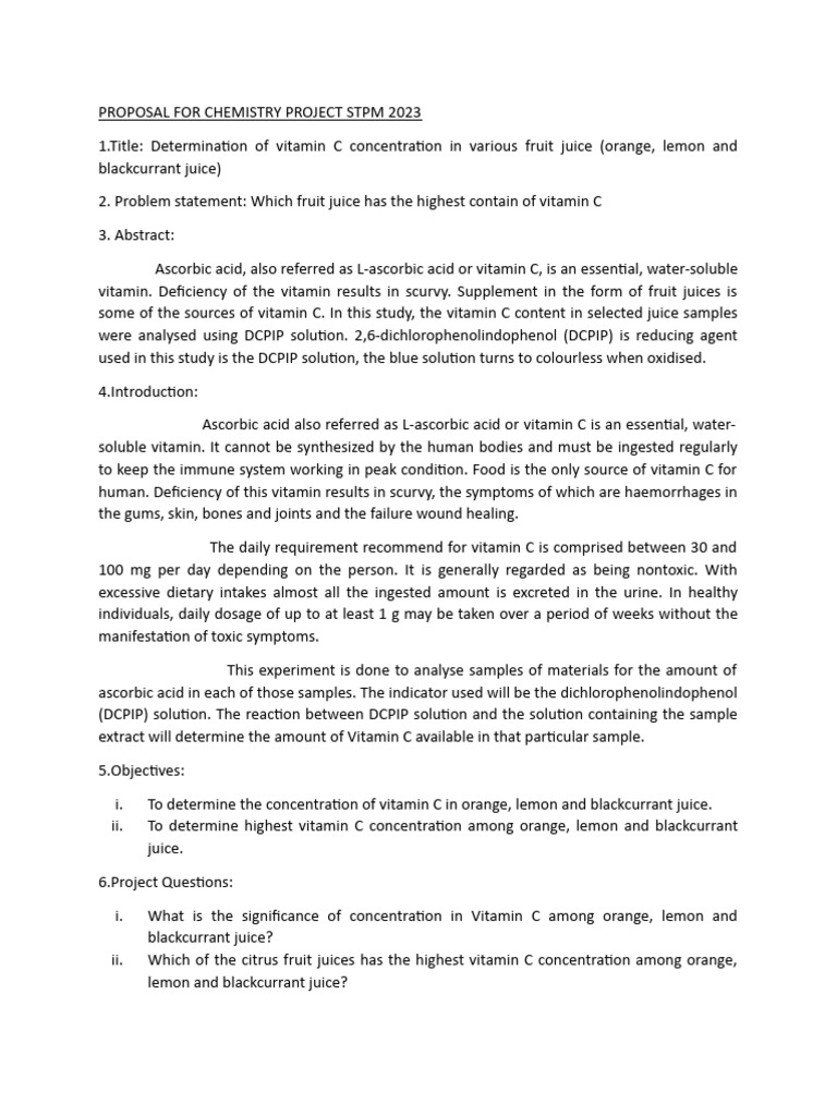 Proposal For Chemistry Project STPM 2023 | PDF | Vitamin C | Vitamin