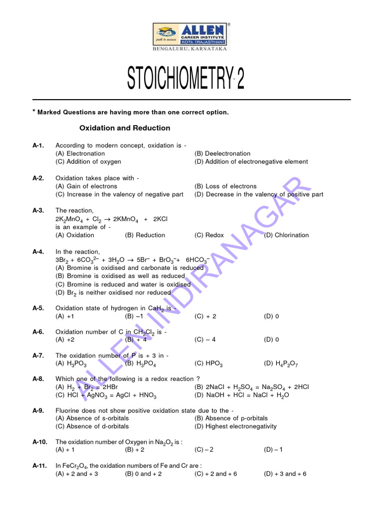 Stoichiometry 2: Allen Indiranagar | PDF | Redox | Chemical Reactions