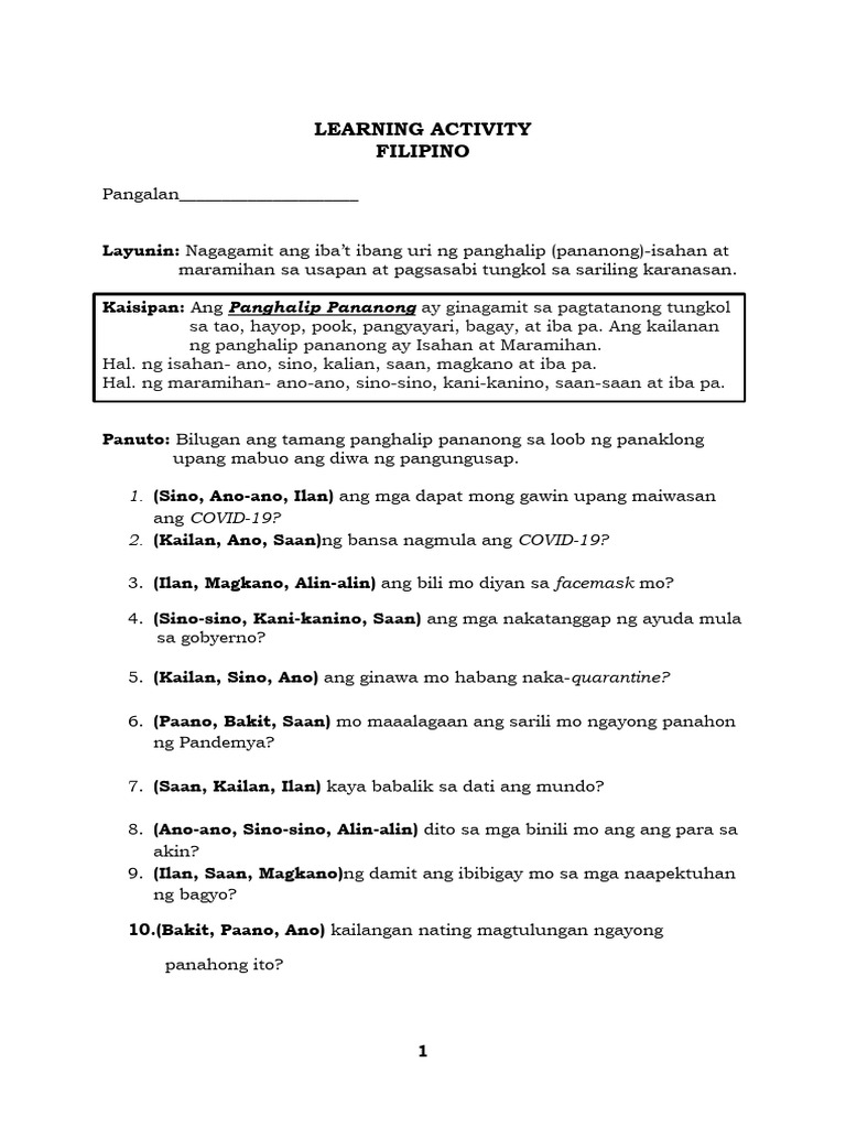 Worksheet Week 8 Unang Markahan | PDF