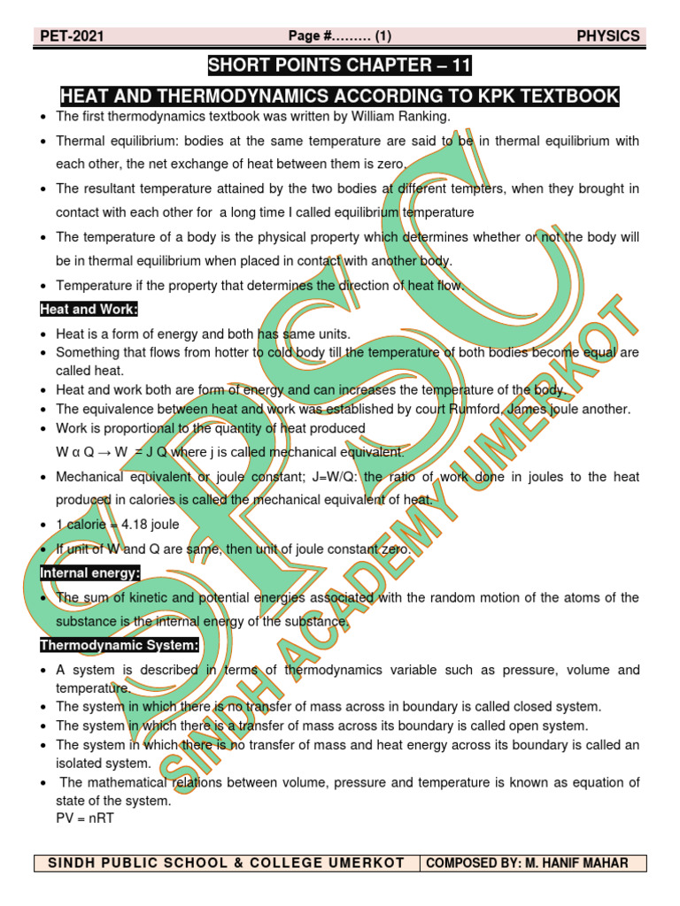 Heat and Thermodynamics According To KPK Textbook & Sindh Textbook ...