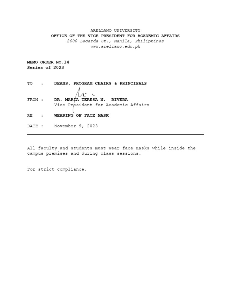 Memo No.14 Series of 2023 Wearing of Face Masks | PDF