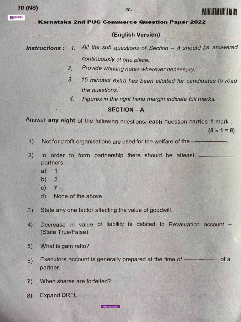Karnataka 2nd PUC Commerce Question Paper 2022 | PDF | Business ...