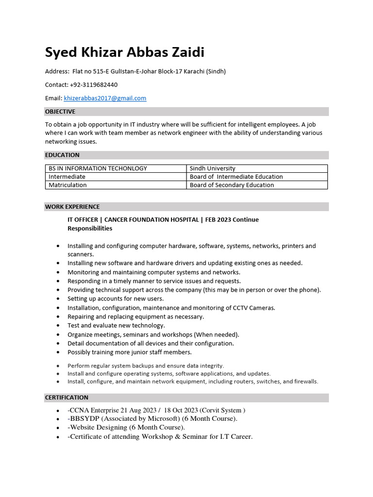 Khizarabbaszaidi CV | PDF | Computer Network | Computing