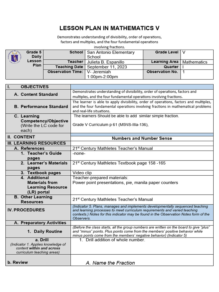 Grade 5 Math Lesson Plan: Fractions | PDF | Learning | Teachers