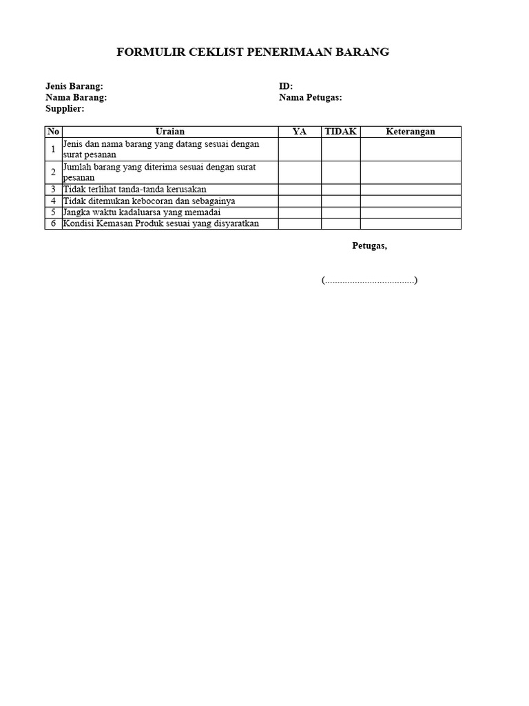 Formulir Cheklist Penerimaan Barang | PDF
