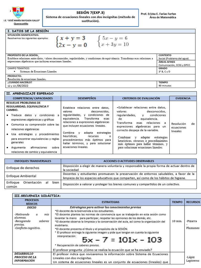 SESION APRENDIZAJE 7 EDA 3 3ero | PDF | Ecuaciones | Sistema de ecuaciones lineales