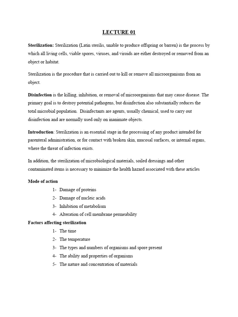 LECTURE NO. 1 Steriliztion | PDF | Sterilization (Microbiology ...