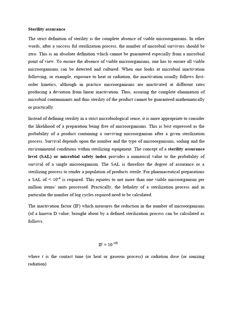 LECTURE NO. 3a Sterility Assurance | PDF | Sterilization (Microbiology ...