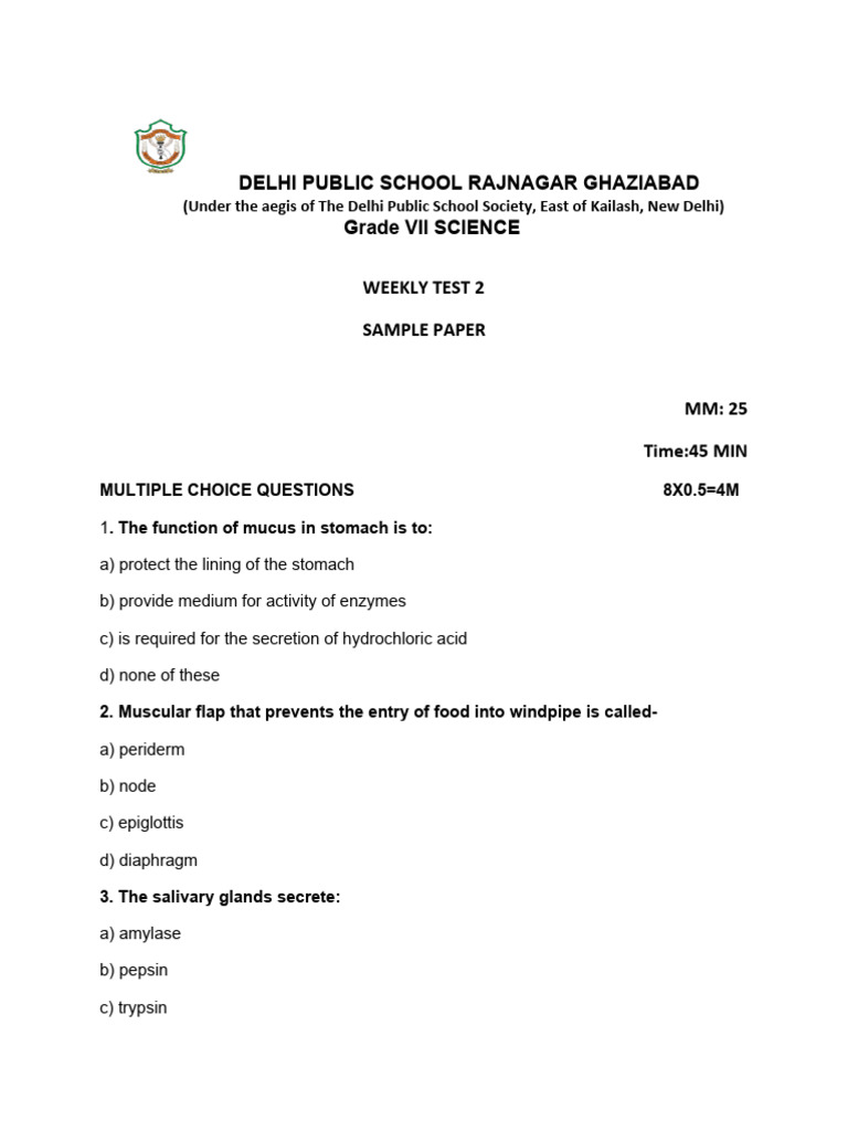 Grade VII Science Weekly Test Sample | PDF | Digestion | Hydroxide