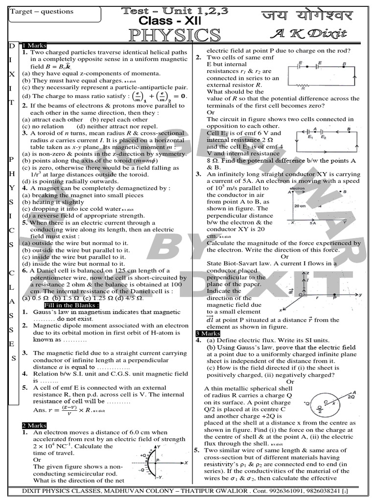 DIXIT PHYSCICS CLASSES Cbse U-1,2,3 | PDF | Magnetic Field | Electrical Resistivity And Conductivity