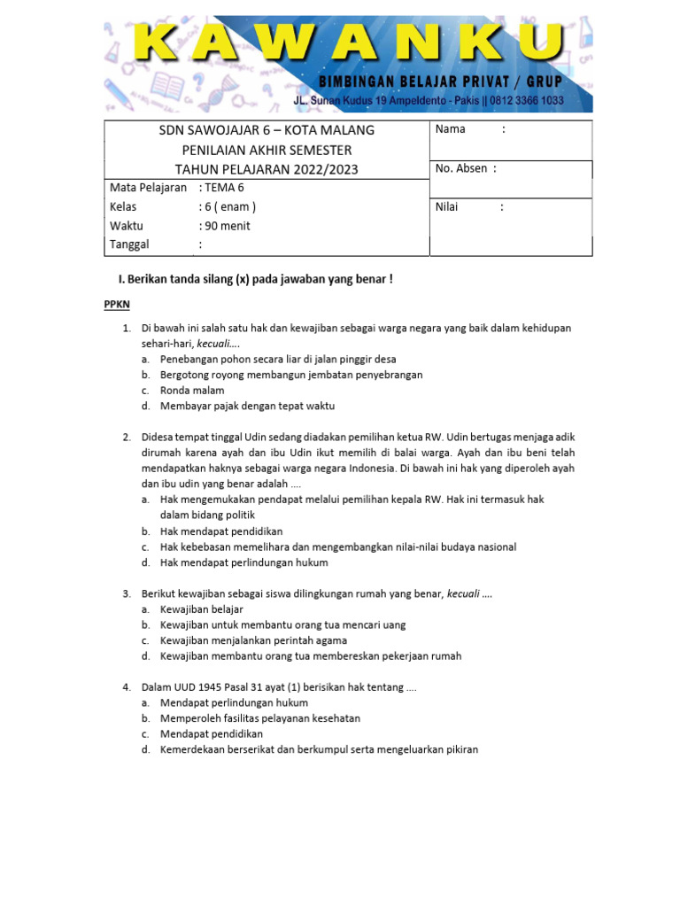 Soal Latihan PAS Kelas 6 Tema 6 - 2023 | PDF | Politik | Kajian Bahasa Asing