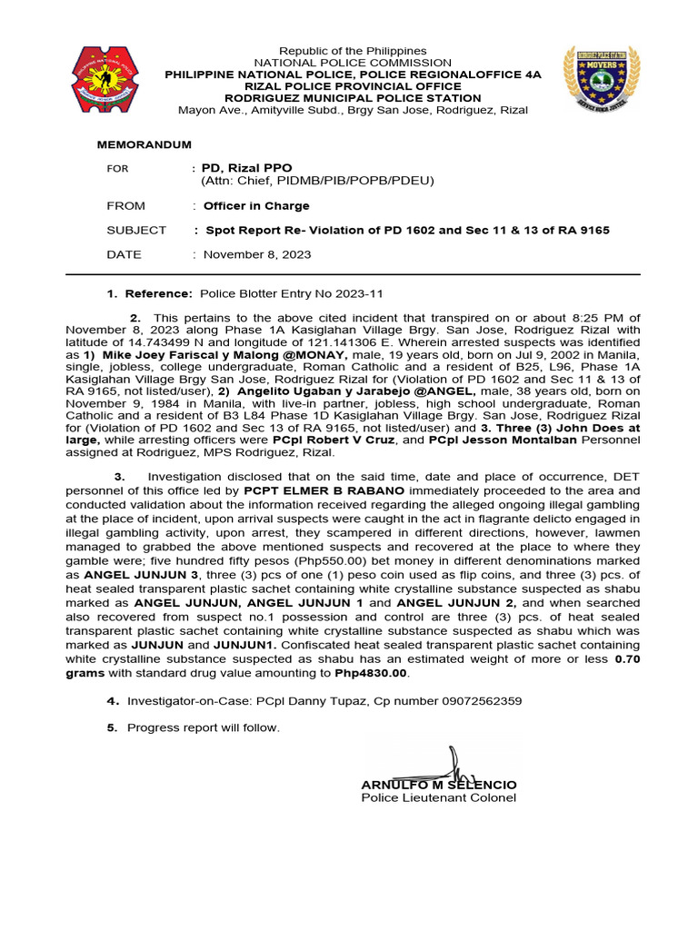 November 8 2023 Spot Report Re Violation of PD 1602 and Sec 11 13 of RA ...