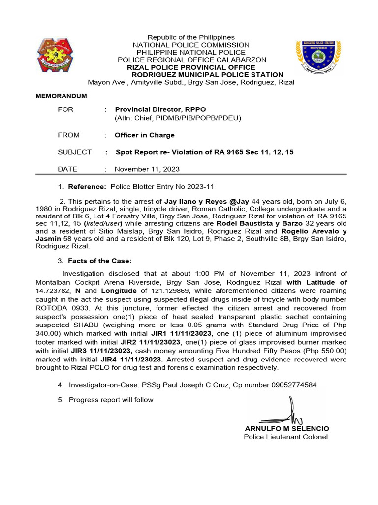 November 11 2023 Spot Report Re Violation of RA 9165 Sec 11 12 15 | PDF ...