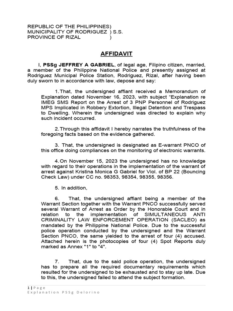 Affidavit of Explanation PSSG Delorino 1 | PDF | Affidavit | Arrest Warrant