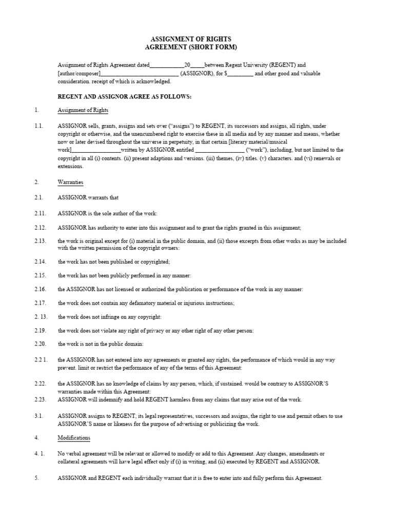 Production Forms Assignment of Rights | PDF | Assignment (Law) | Copyright