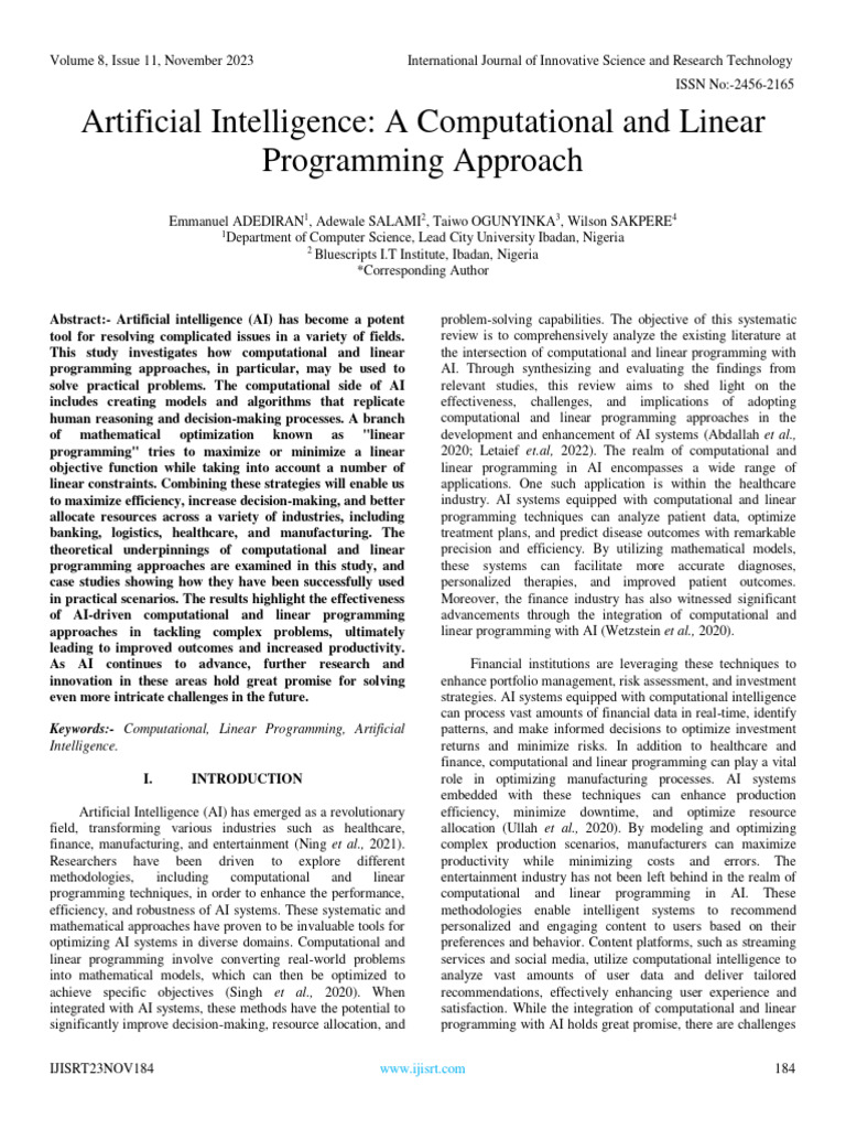 Artificial Intelligence: A Computational and Linear Programming ... Artificial Intelligence: A Computational and Linear Programming ...