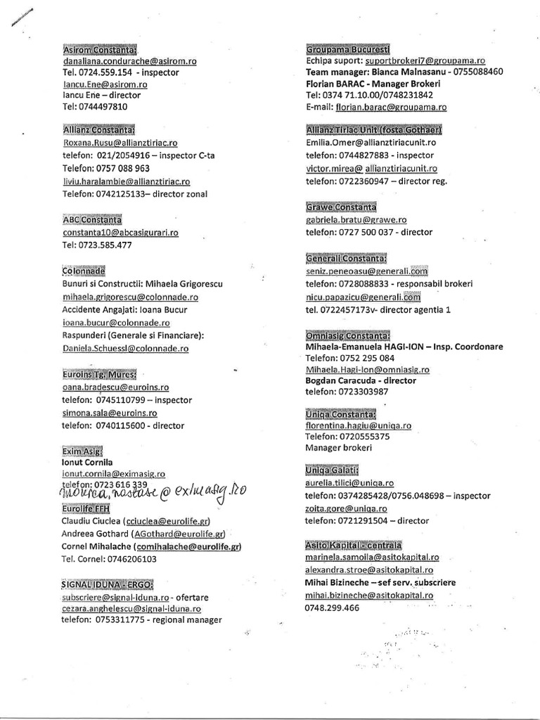 Contact List for Insurance Professionals | PDF