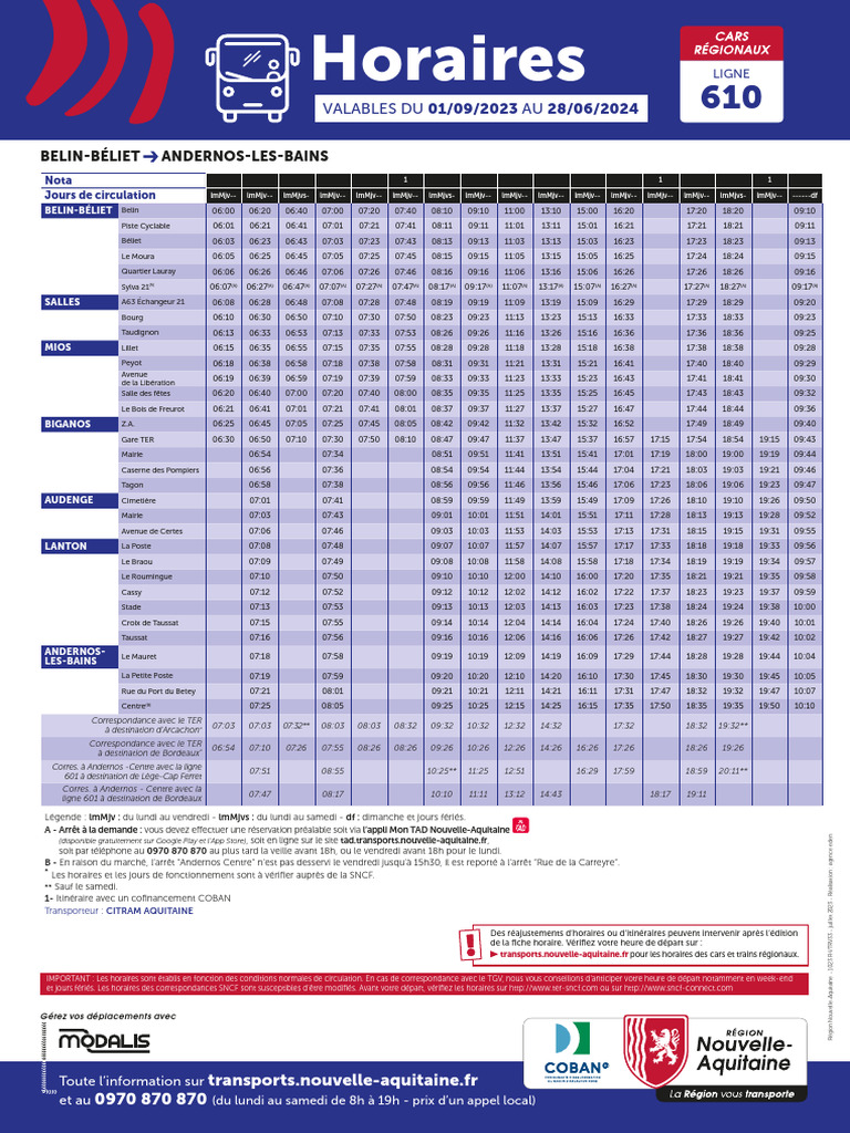 Horaires Bus Ligne 610 Andernos-Biganos | PDF | Transport public