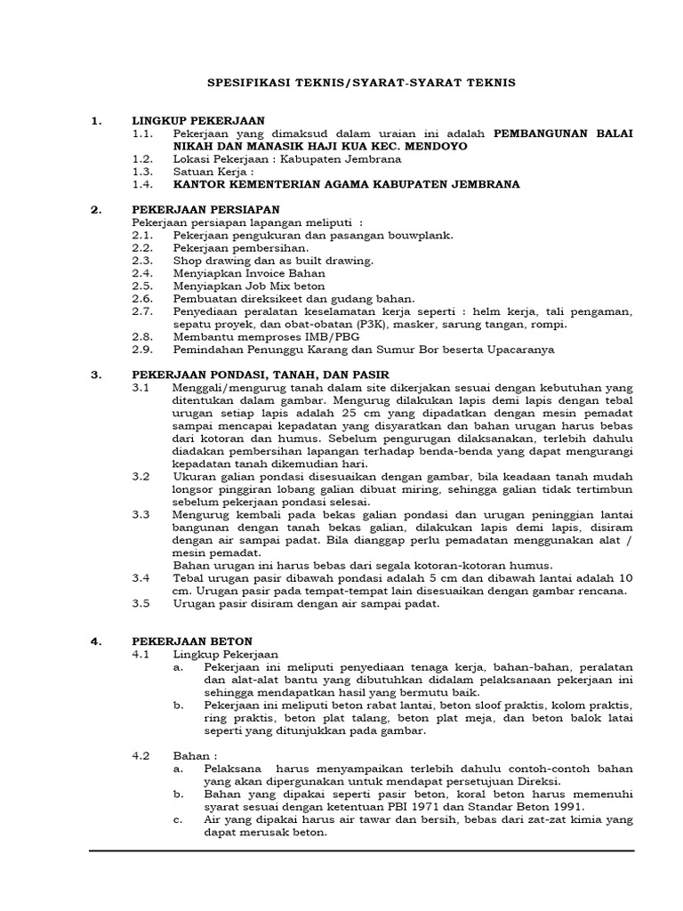 Spesifikasi Teknis KUA Mendoyo | PDF