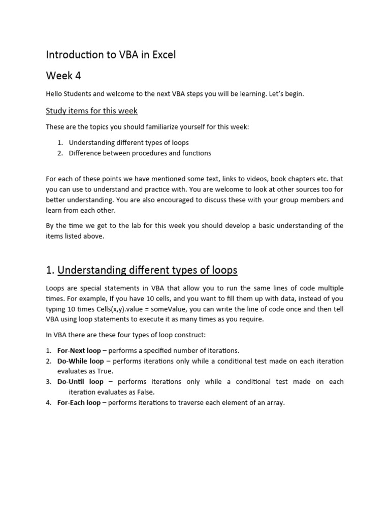 VBA - Week 4 Guide | PDF | Parameter (Computer Programming) | Control Flow
