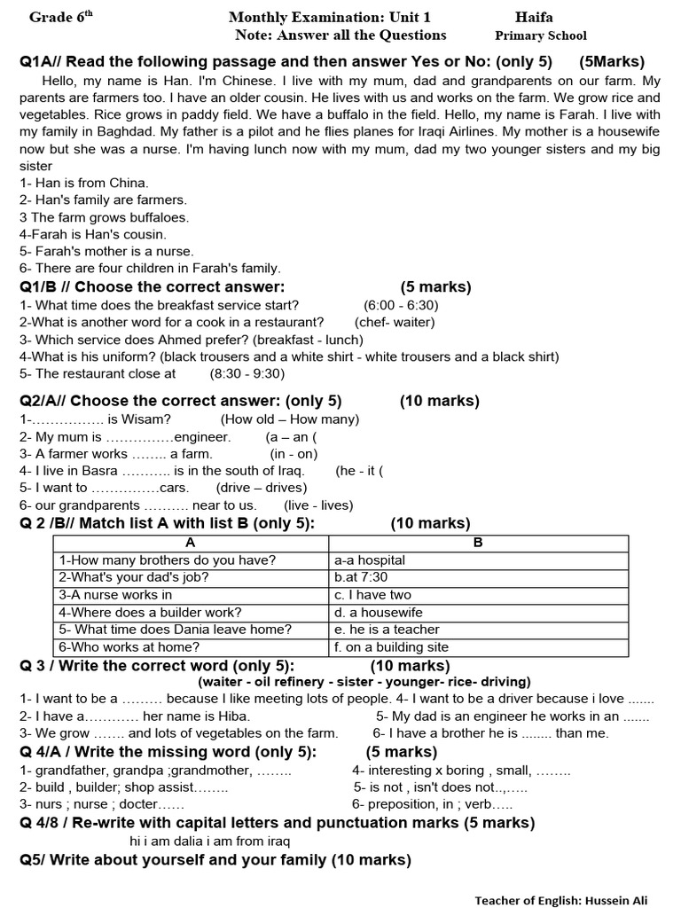 Q1A For 6th Class For Pramiry School | PDF