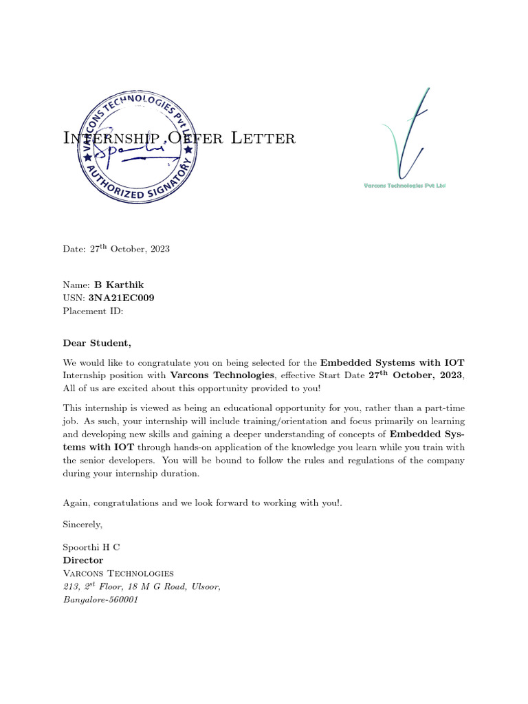 Embedded Systems IoT Internship Offer | PDF | Business | Computers