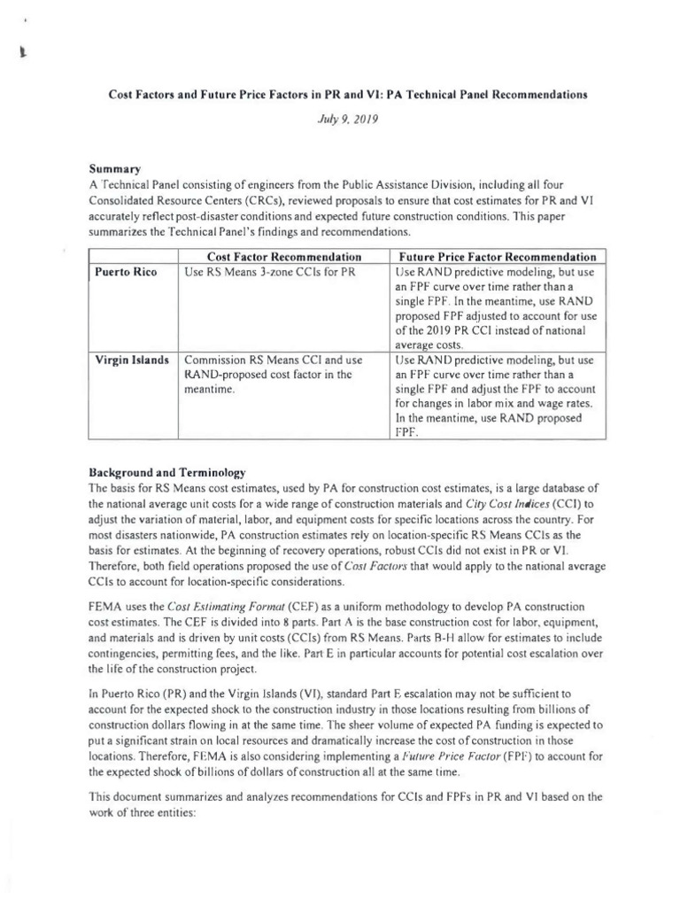 Approved Cost Estimating Methodology for PR and USVI | PDF