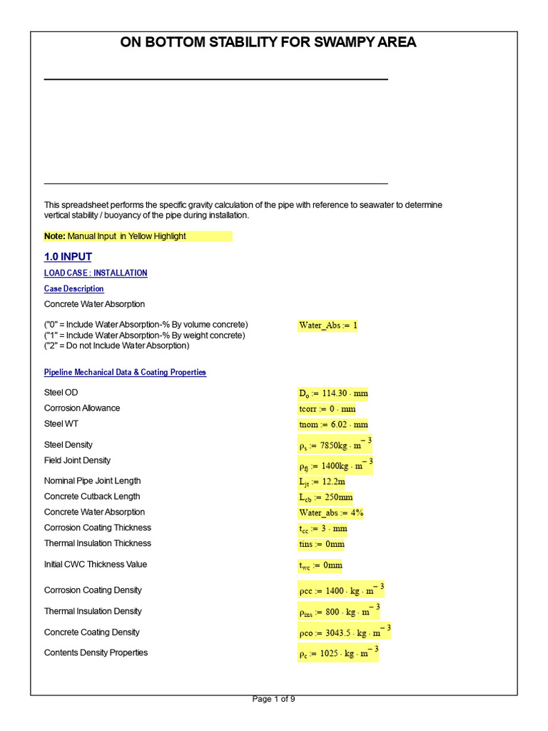 On Bottom Stability For Swampy Area: 1.0 INPUT | Download Free PDF | Density | Pipe (Fluid ...