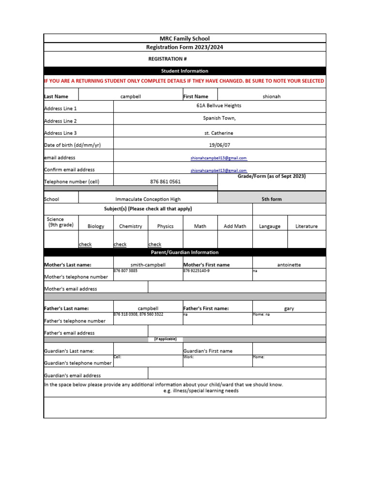 MRC Registration Form General | PDF | Human Development | Childhood