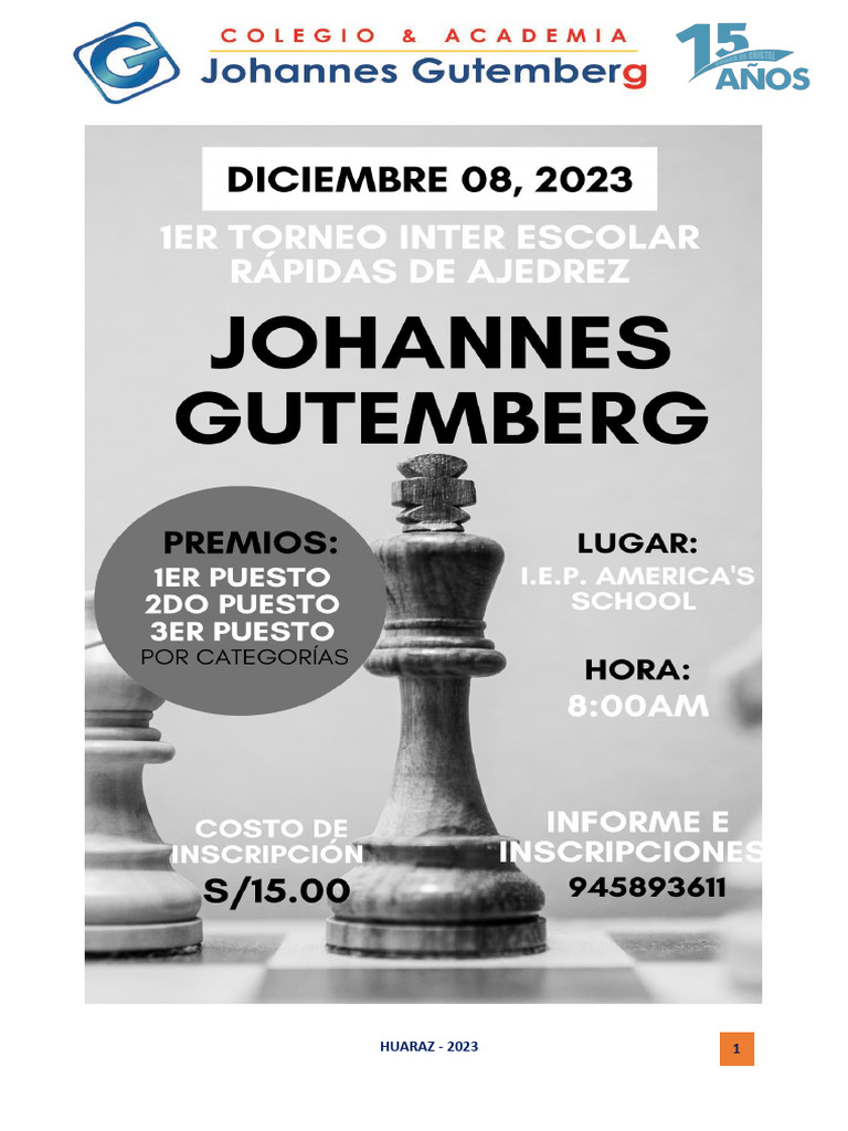 Bases Del I Torneo de Ajedrez Johannes Gutemberg 2023 | PDF | Juegos tradicionales | Juego de azar