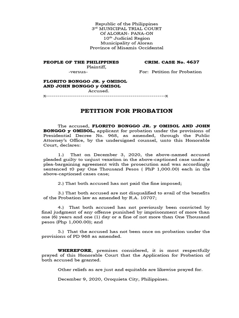 Application For Probation JASON TIONG | PDF | Probation | Prosecutor