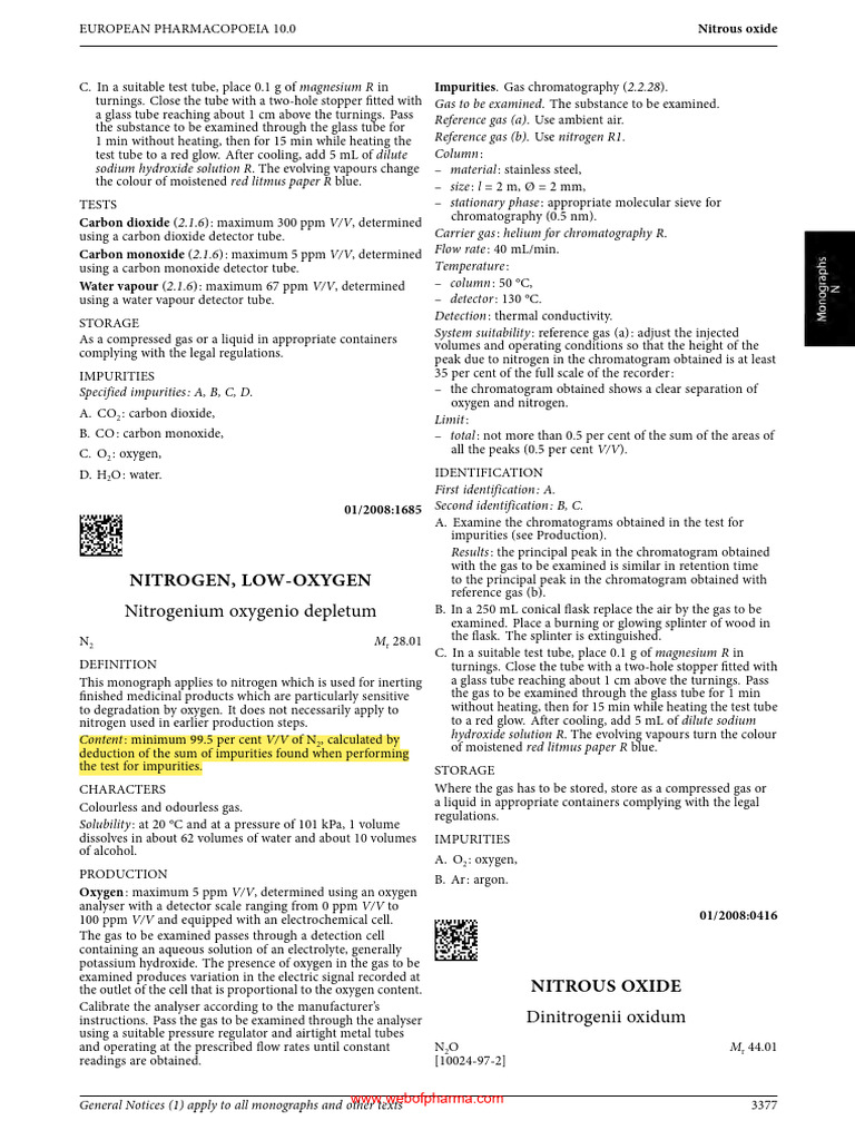 European Pharmacopoeia 10.0 - Nytrogen | Download Free PDF | Nitrogen | Physical Chemistry