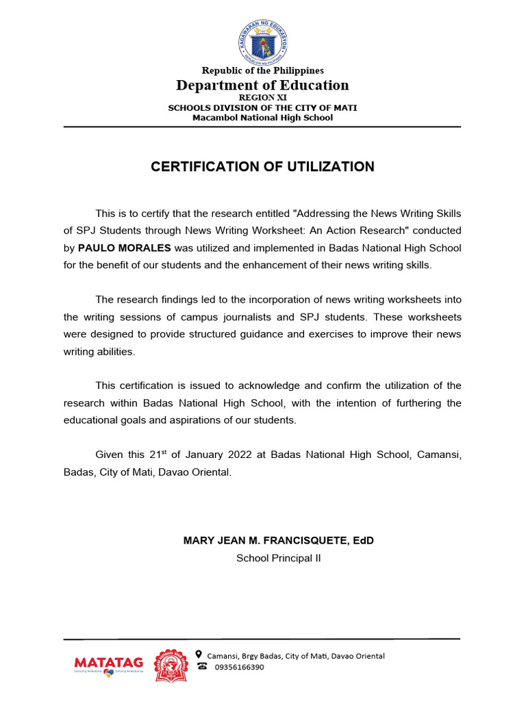 Certification of Utilization | PDF | Lesson Plan | Learning