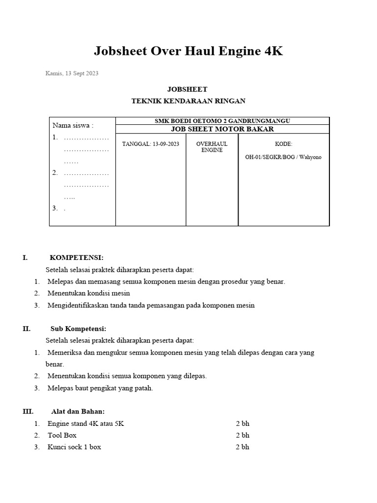 Jobsheet Overhaul Engine 4K SMK | PDF