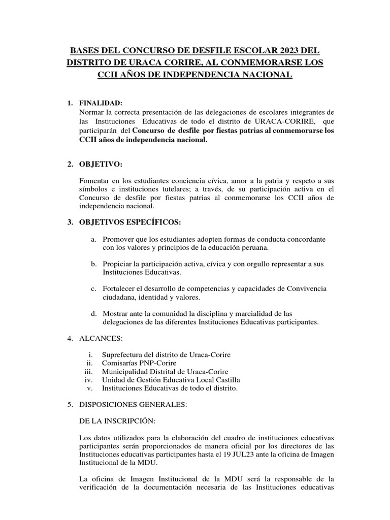 BASES DEL CONCURSO DE DESFILE ESCOLAR 2023-Uraca Corire | PDF | Bandera